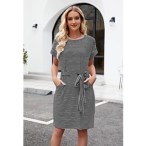 MEROKEETY Women's Summer Striped Short Sleeve T Shirt Dress Casual Tie Waist Midi Dress, Black, M