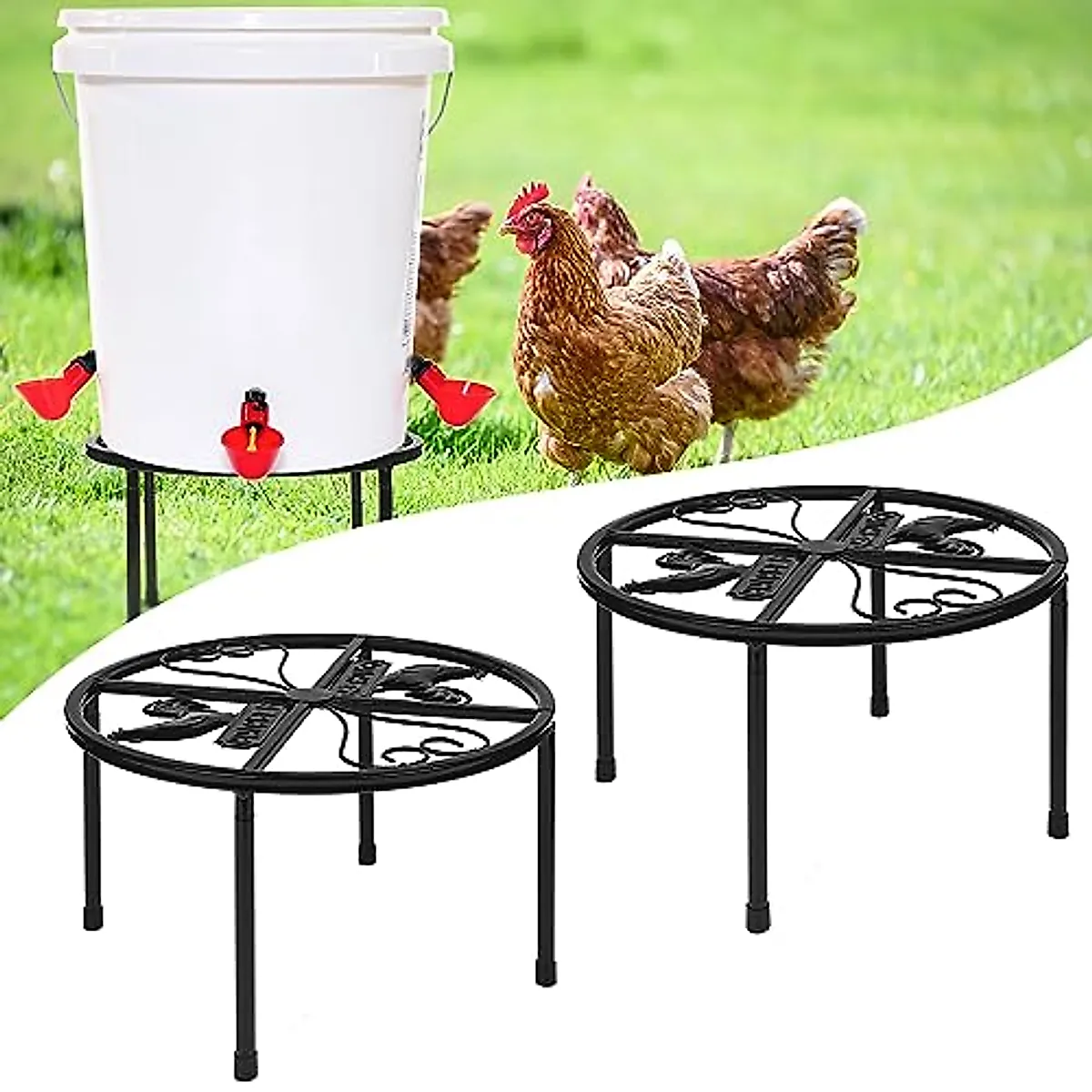 Metal Stand for Chicken Feeder Waterer, 2PCS Iron Stand Holder with Anti-Slip Strips for Buckets Barrels, Chicken Metal Stand for Feeder Waterer Port Indoor Outdoor Coop Poultry(Round)