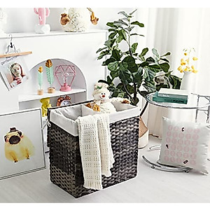 Caozichun Laundry Hamper, 110L Divided Laundry Basket with Removable Liner Bag, Handwoven Synthetic Rattan Clothes Hamper with Lid and Handles, Foldable, 22 x 13 x 24 Inches, Gray