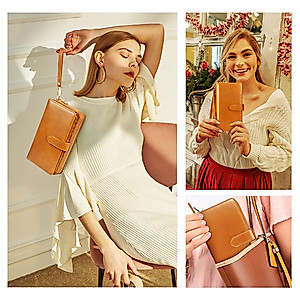 nuoku Wallet for Women RFID Blocking Credit Card Holder with Large Capacity Leather Wristlet (Brown)