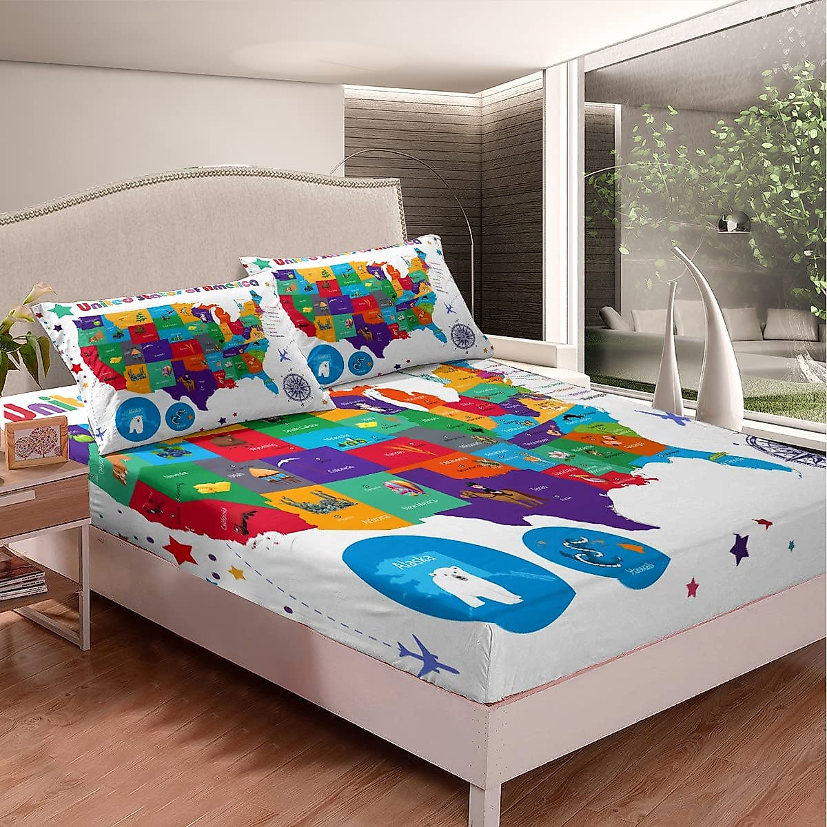 USA Political Map Fitted Sheet Federal States Map Bedding Set for Kids Boys Girls Science Popularization Bed Sheet Set Educational Bed Cover Full Size
