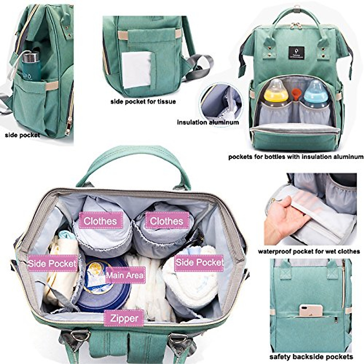 SUXCGE Baby Diaper Bag With USB Interface Large Capacity Waterproof Nappy Bag Kits Mummy Maternity Travel Backpack Nursing Handbag Grey