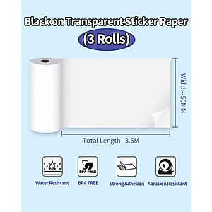 Phomemo Thermal Paper Transparent for M02 M03 M04 Series Mini Printer, M02 Printer Paper, Thermal Adhesive Sticker Paper for Note, Label, Picture, 50mm x 3.5mm, 3-Rolls