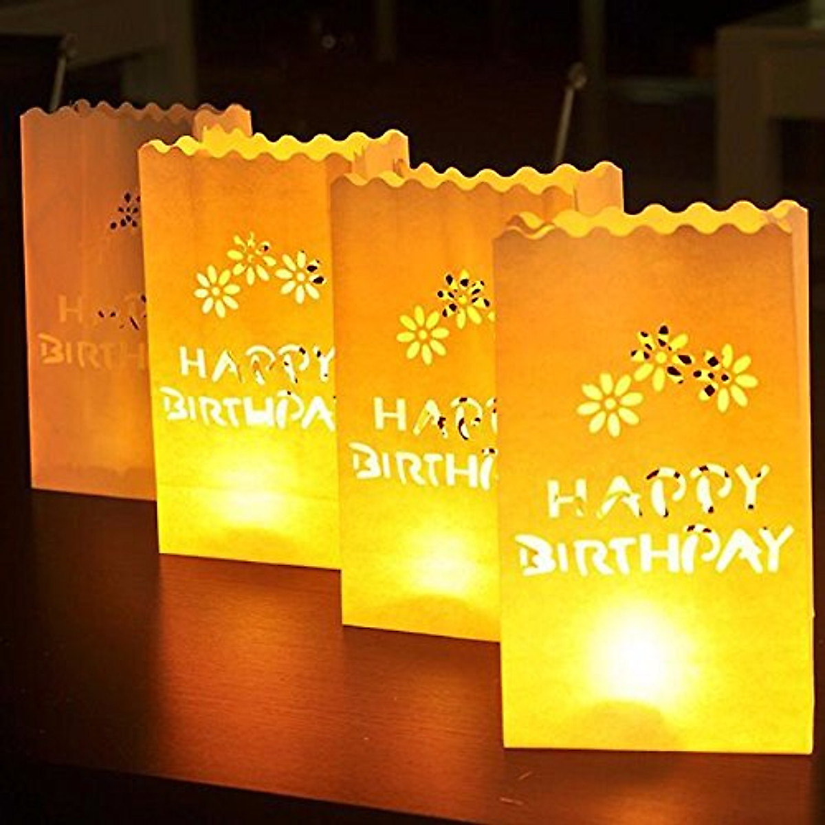 Fascola 20 Pack HAPPY BIRTHDAY Paper Luminary Bag Tea Light Votive Candle Holder Bag 1st Birthday Beach Party Decoration Centerpieces