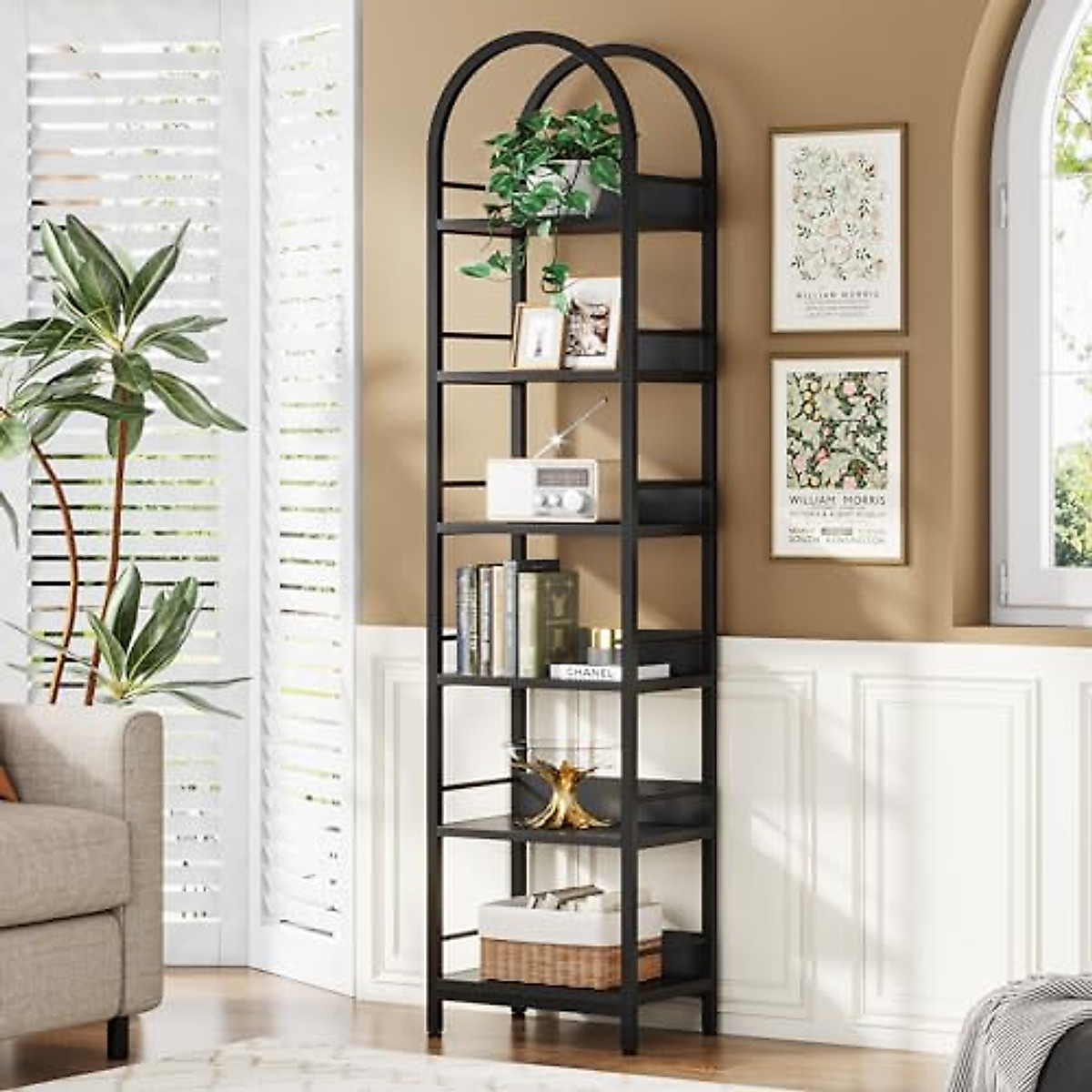 LITTLE TREE 6-Tier Open Bookshelf, 78.7" Tall Arched Bookcase, Black Wooden Bookshelf with Metal Frame, Freestanding Narrow Bookcase Display Shelves for Living Room, Bedroom, Office