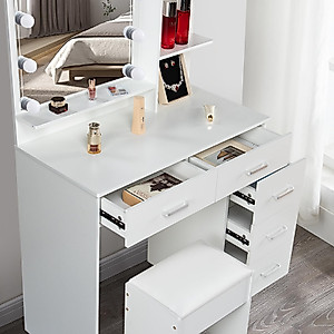 JBLCC Makeup Vanity with Lighted Mirror,Large Vanity Desk with Storage Shelves & 5 Drawers,Cushioned Stool,Makeup Vanity Table with Lights for Bedroom (3080)