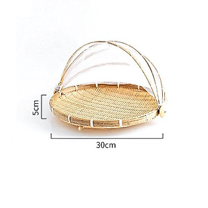 BAUHUS Round Bamboo Serving Food Tent Basket Picnic Basket Fruit Basket with net Cover Insect Proof, S