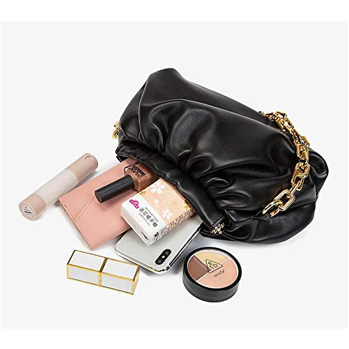 Women's Chain Pouch Bag Cloud-Shaped Dumpling Clutch Purse Ruched Fashion Trendy Shoulder Crossbody Handbag Chain Link Bag (Green)