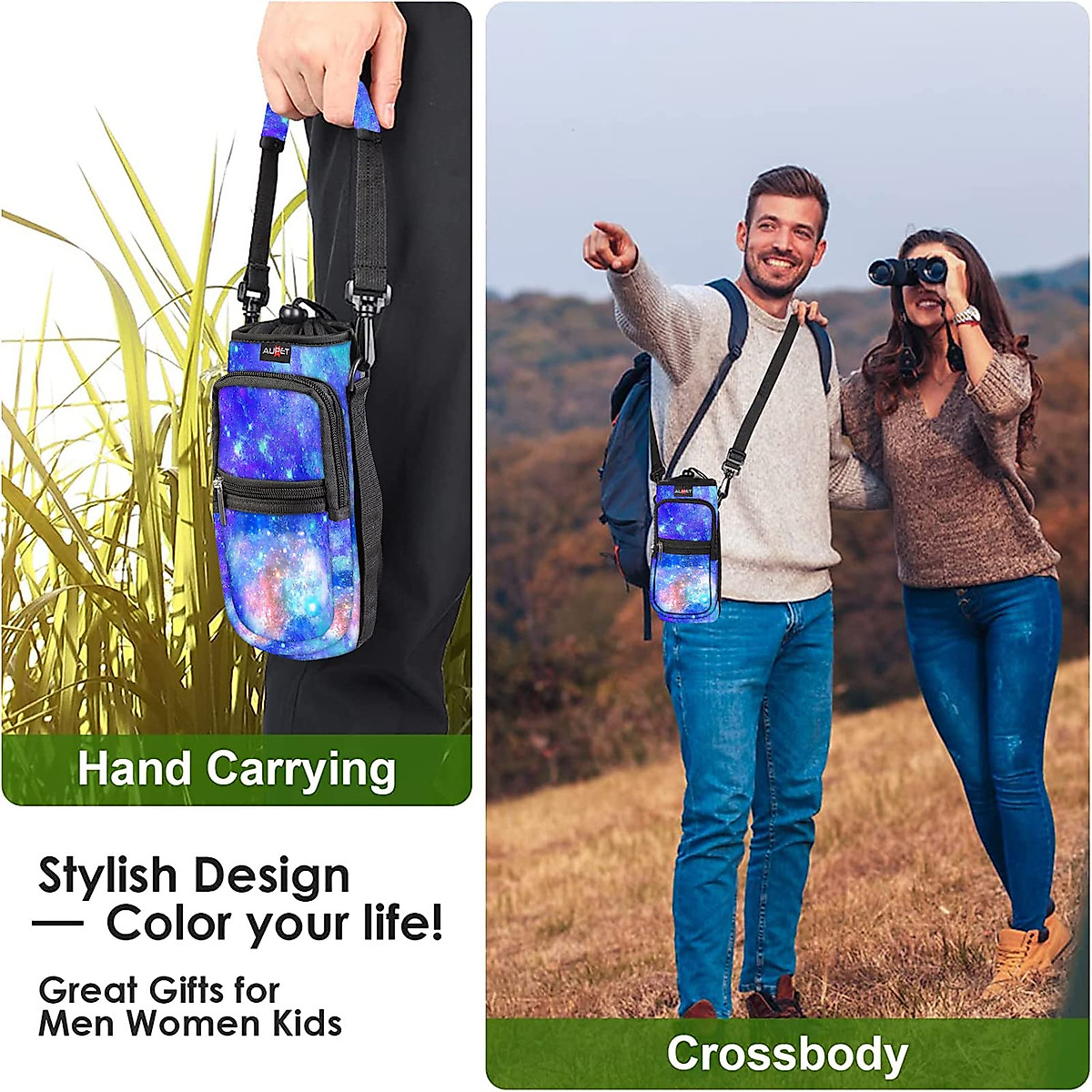 AUPET Water Bottle Sling Bag Sleeve Holder Carrier 25/32/40/64 oz,Insulated Crossbody Water Bottle Case Cover with Strap and Pockets for Men/Women Walking Hiking Camping (25oz, blue starry sky)