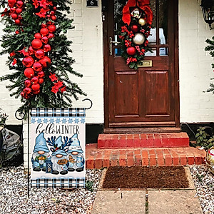 Gnome Garden Flag - Hello Winter Snowflake Garden Flags 12x18 Double Sided Christmas Yard Flag Buffalo Plaid Burlap Farmhouse Welcome Decorative Flags for Outside Outdoor Lawn Xmas Decoration