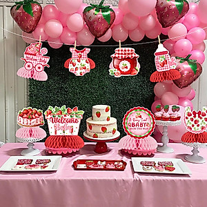 Sursurprise Strawberry Baby Shower Decorations, 8 Pieces Strawberry Honeycomb Centerpieces, A Berry Sweet Baby Is On The Way Table Topper Decor for Girls Fruit Themed Party Supplies