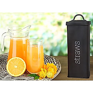 AuldHome Farmhouse Enamelware Straw Holder (Black); Retro Metal Straw Storage Canister