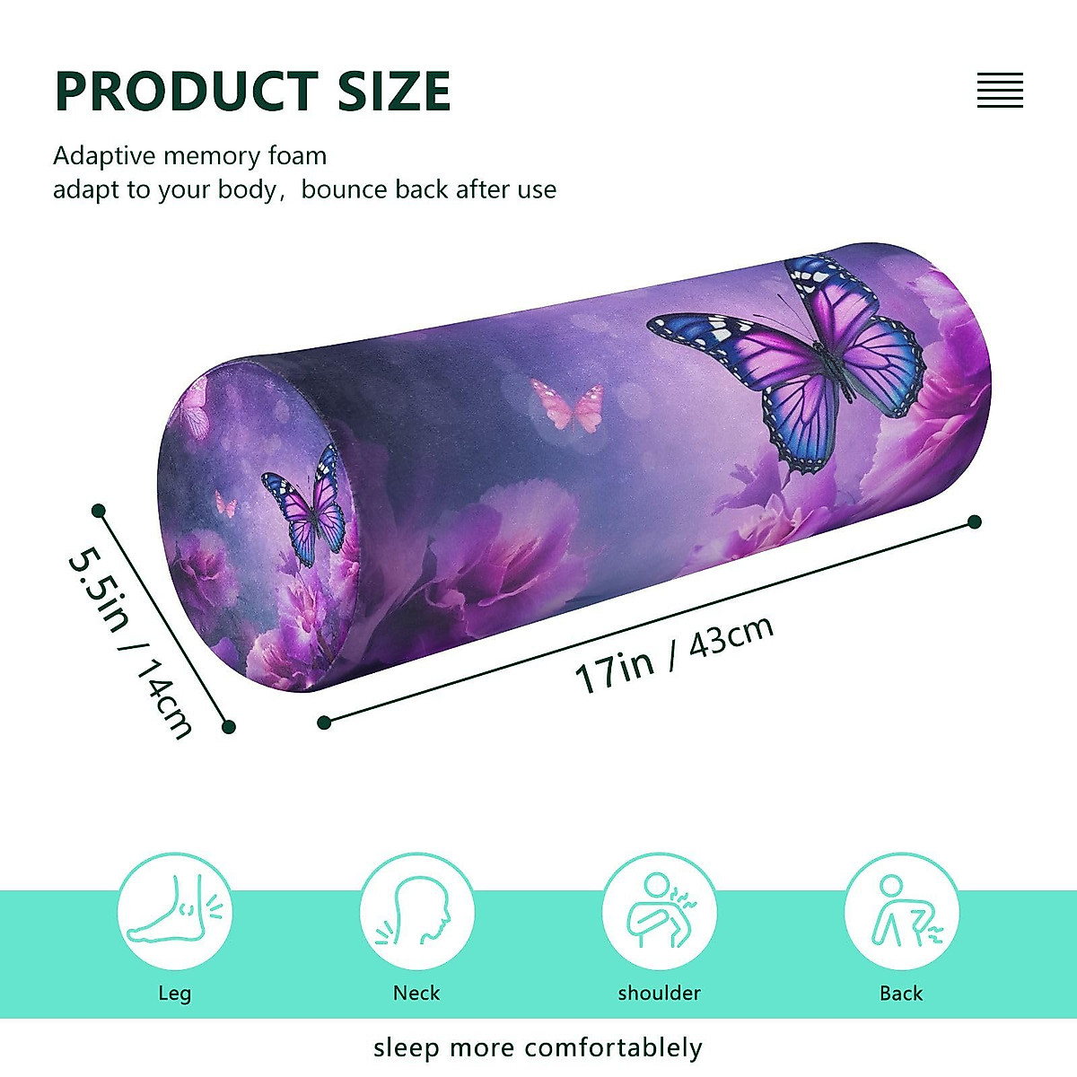xigua Purple Butterfly Neck Roll Pillow for Neck Relief with Removable Washable Cover - Memory Foam Round Cylinder Bolster, Ergonomically Designed for Head, Neck, Back, and Legs