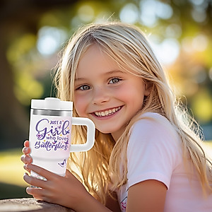 Butterfly Gifts for Women Girls, Purple Butterfly Tumbler with Handle and Straw for Kids 14oz, Stainless Steel Insulated Travel Mugs, Birthday Gifts for Girl, Just A Girls Who Lovers Butterflies