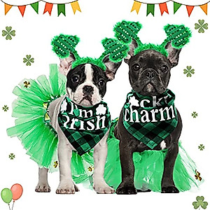 6 Pcs Dog St Patrick's Day Costume Pet Green Shamrock Headbands Dog Tutu Skirts and Buffalo Plaid Pet Bandanas Dog Dress Tutu Clover Headbands for St. Patrick's Day Pets Dogs Accessories Photo Props