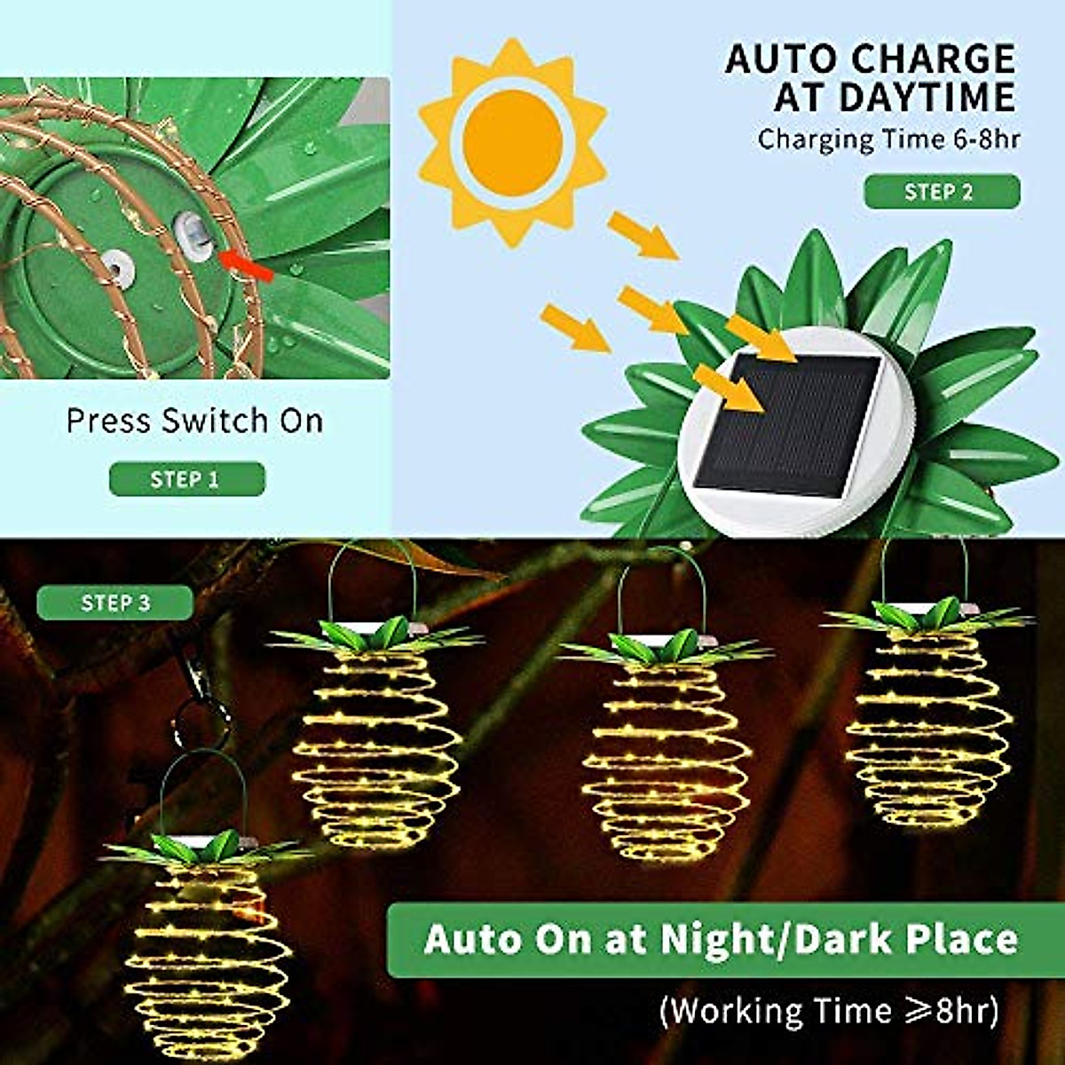 VTECHOLOGY 60LED Pineapple Solar Light,Waterproof Garden Solar Lantern with Handle,Hanging Solar Light for Patio Courtyard Party Walkway Terrace Garden Lawn Decor (2 Pack)