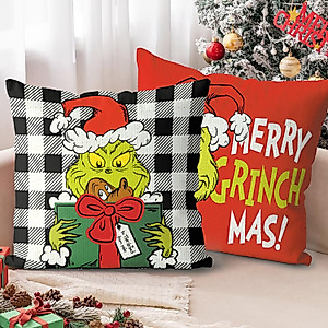 Merry Christmas Throw Pillow Covers 18 x 18 Inches Merry Girnchmas Buffalo Plaid Pillowcase Happy New Year Farmhouse Pillow Case Xmas Decoration for Living Room Sofa Bed Home Set of 4 (Christmas-03)