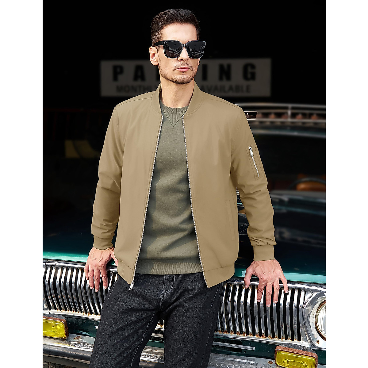 MAGCOMSEN Bomber Jacket Men Light Spring Jackets Lightweight Bomber Jacket Zip Up Light Coat with Pocket Casual Jacket Khaki,L