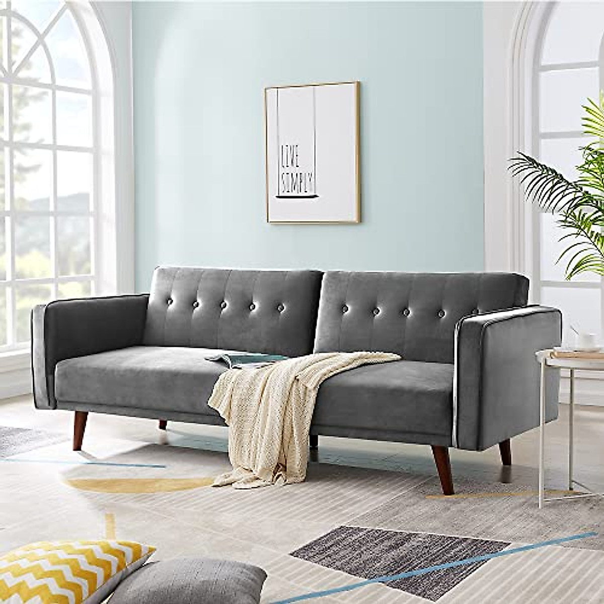 Hbaid 85.43" Velvet Sofa Bed, Grey Couch Convertible Sleeper Sofa with Tapered Wood Legs and Armrest, Modern Loveseat Couches for Living Room, Bedroom