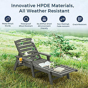 Outdoor Chaise Lounge Chair,Heavy Solid Patio Chaise Lounge with Arm/Cup Holder,HDPE Lounge Chair Outdoor[Wind Resistant and 100% Waterproof],400LBS Adirondack Lounge Chair with 5-Position Backrest