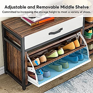 Tribesigns Flip Drawer Shoe Storage Bench, Hidden Shoe Cabinet with Drawer and 4 Tiers Shelves, 4 in 1 Tipping Bucket Shoe Storage Rack for Entryway, Hallway, Living Room, Rustic Brown & White