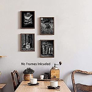 NIIO Western Cowboy Wall Art, Highland Cow Print, Boots Straw Hat and Longhorn Decor Vintage Farmhouse Canvas for Men's Bedroom, Set of 4(8inx10in, Unframed)