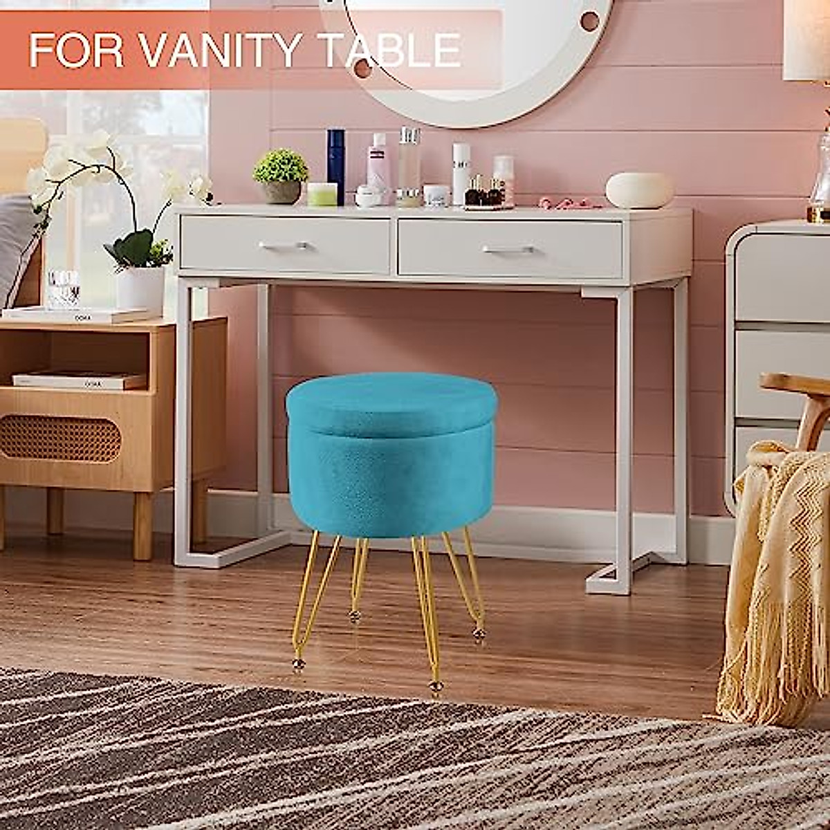 Round Velvet Storage Ottoman, Modern Vanity Stool Round Ottoman with Storage, Footrest Stool for Vanity with Metal Legs, Tray Top Coffee Table, Makeup Footstool, Green