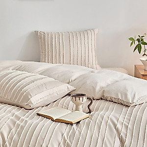 WARMDERN Khaki Boho Duvet Cover Set Queen Size, Striped Textured Tufted Bedding Set, 3 Piece Soft Washed Microfiber Duvet Cover with Zipper Closure (Khaki)