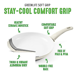 GreenLife Soft Grip 8 Piece Cookware Set, Non-Toxic PFAS-Free Ceramic Nonstick, Frying, Sauce, Sauté, Utensils, Glass Lids, Stay-Cool Handles, Wobble Free, Dishwasher & Oven Safe, Cream White