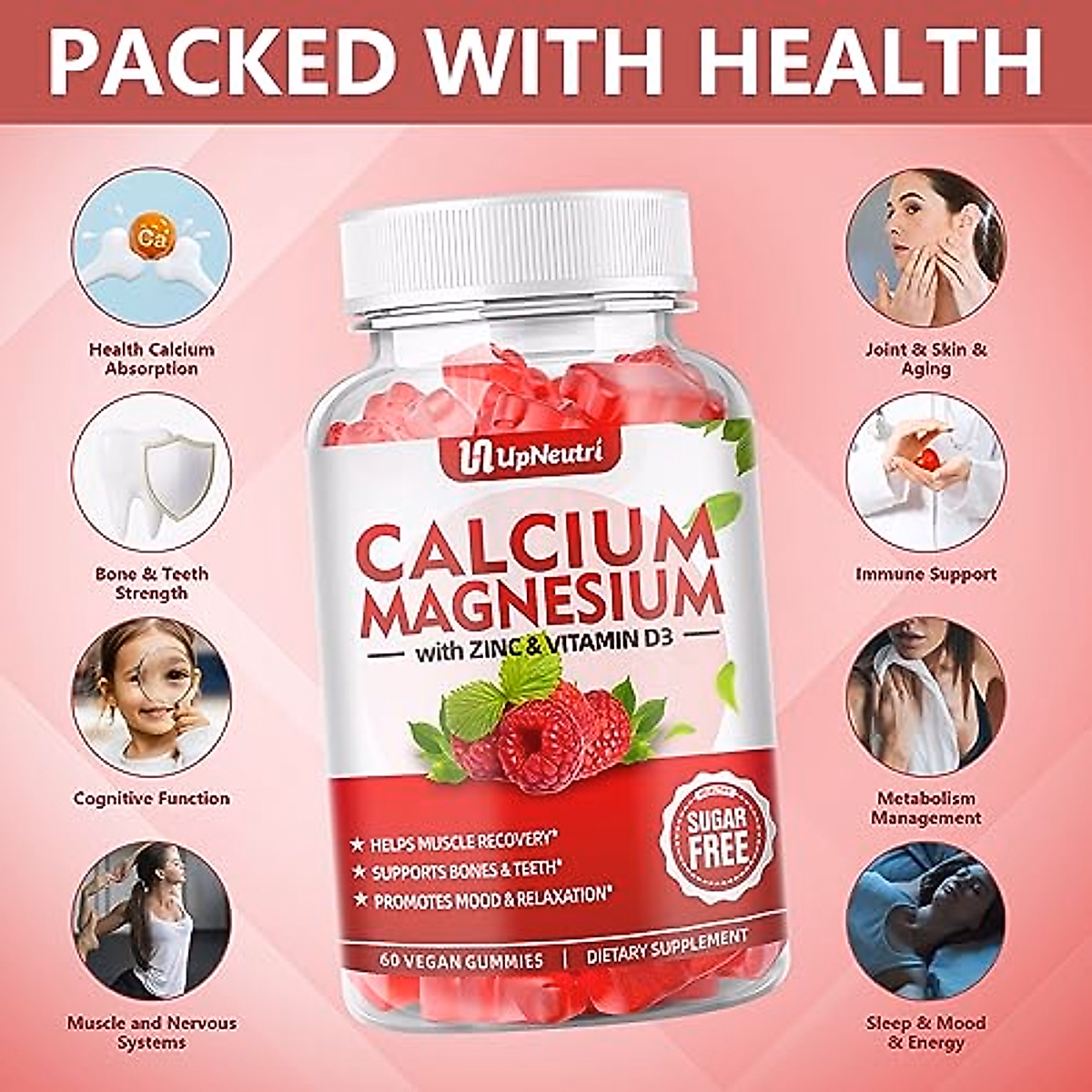 Calcium Magnesium Zinc with Vitamin D3 Gummies, Sugar Free Calcium Supplements for Women Men, High Absorption Zinc Gummies for Bone & Muscle & Immune Health, Vegan Raspberry Flavor - 120 Count