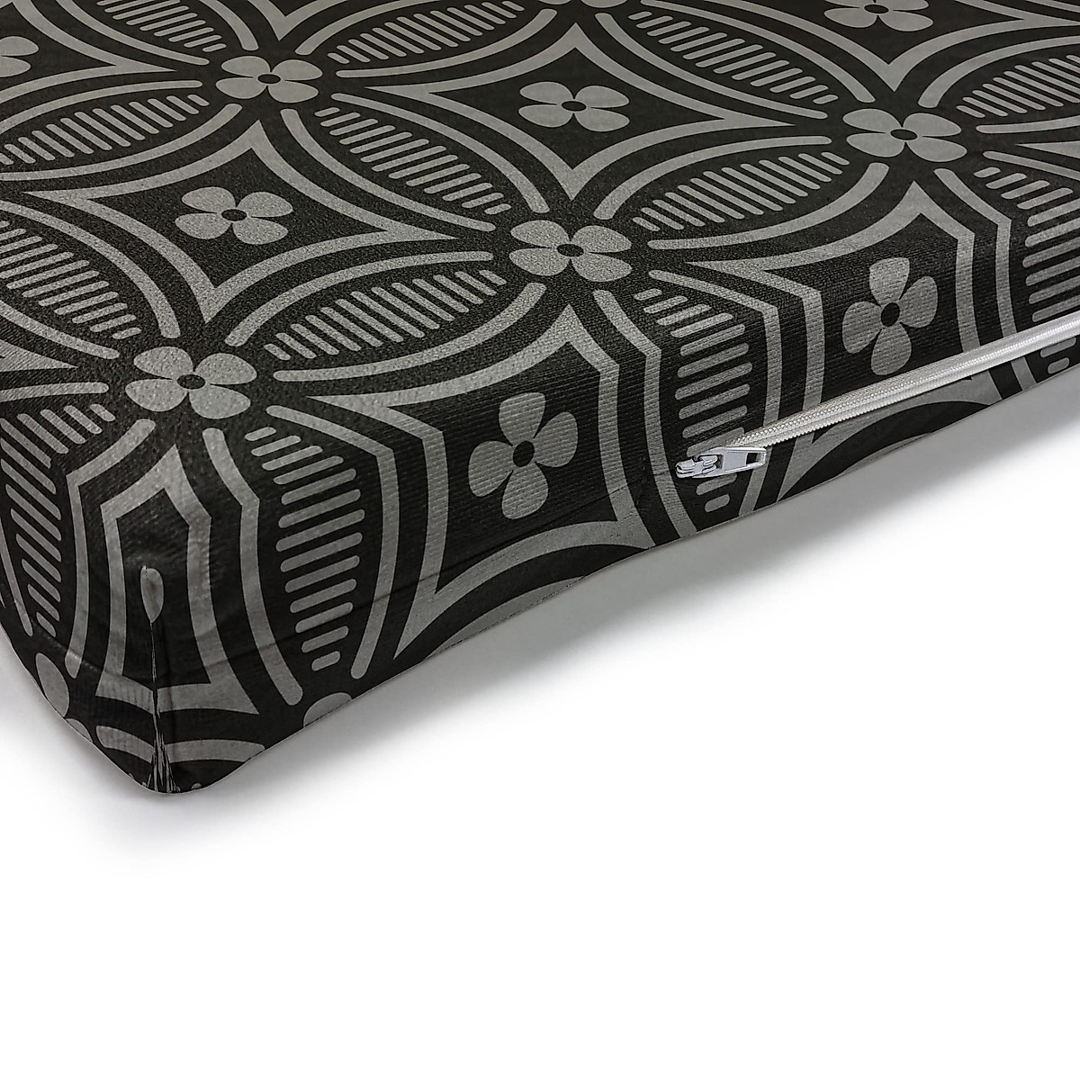 Lunarable Black and Grey Bench Pad, Antique Old Style Mosaic Tiles with Circles Little Flowers and Lines, Standard Size HR Foam Cushion with Decorative Fabric Cover, 45" x 15" x 2", Black Grey