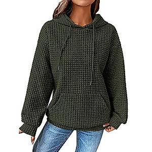 LAGKQS Waffle Hoodie Women Solid Color Casual Drawstring Pullover Sweatshirts Basic Sweatshirt with Pockets Fall Hooded 2023 Loose Fashion Blouse Clothes Comfy Crop Top Plus Size Outfits Green