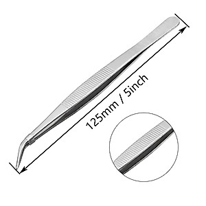 Long Forceps Tweezers, Serrated Bent Tweezers Flat Tips Precision Curved Science Surgical Tongs Jewelers Needle Metal Sewing Sharp Small Kitchen Cooking Tweezers With Teeth Knurled Handles (1PCS)