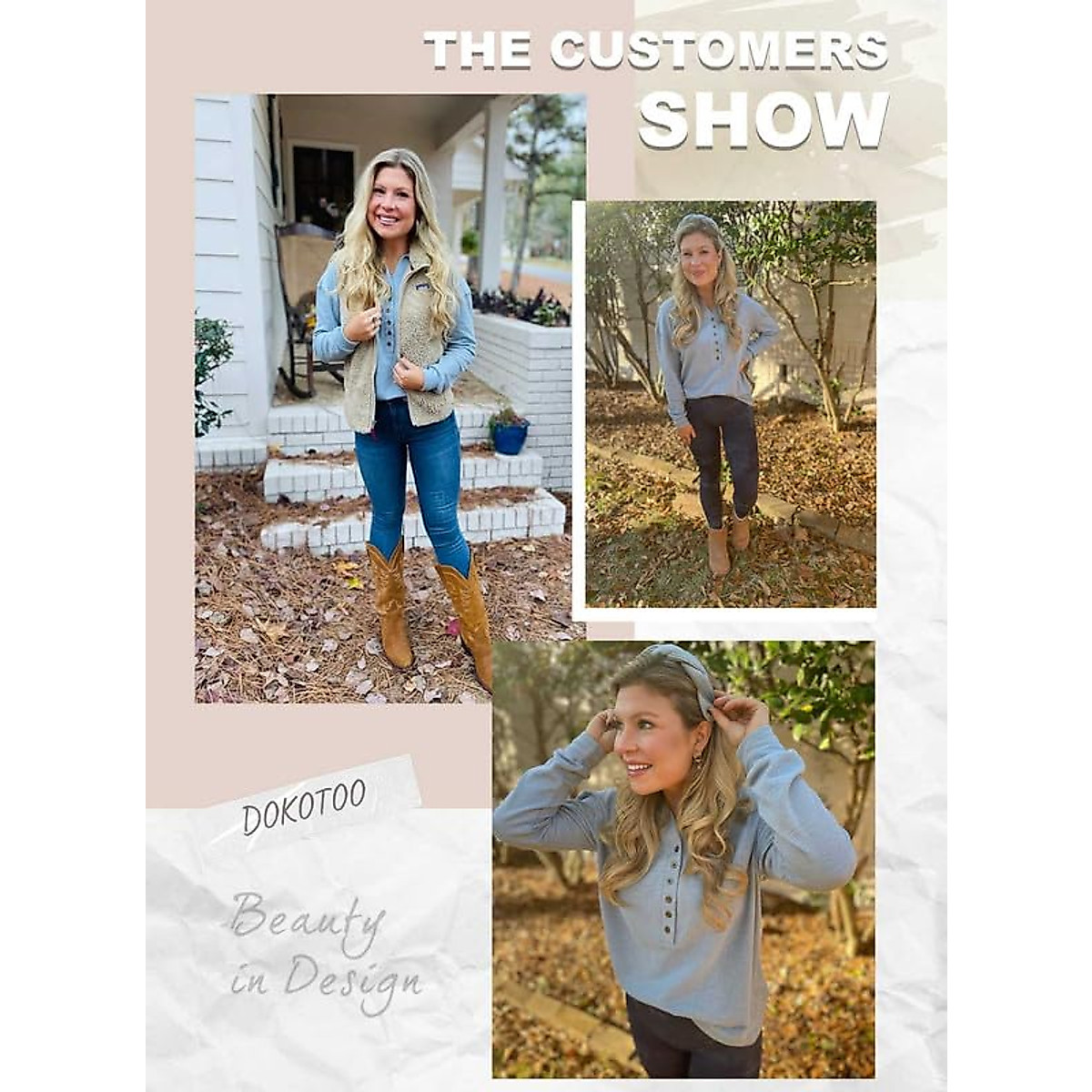 Dokotoo Business Casual Outfits for Women Stand Collar V Neck Button Up Long Sleeve Sweatshirt Solid Color Ribbed Henley Shirts Tunic Tops Knit Shirt Sky Blue Large