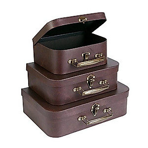 Paperboard Suitcases Set of 3, Brown Leather - Vintage Cardboard Suitcase Decor, Nesting Luggage Decorative Mache Boxes with Hinged Lids and Brass Handle, Mini Suitcases for Centerpieces, Photo Props