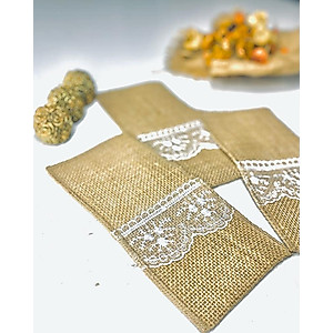 meditroia (Troia Textil(12,Pieces) Burlap Cutlery Holders Lace Utensil Pouch Knifes Forks Bag for Vintage Natural Wedding (4x8inch)