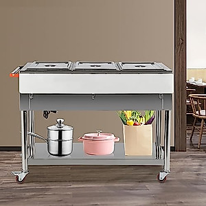 KOLHGNSE Commercial Electric Food Warmer, 3-Pot Steam Table Food Warmer 0-100℃ with Movable Wheels, Professional Stainless Steel Material for Catering and Restaurants