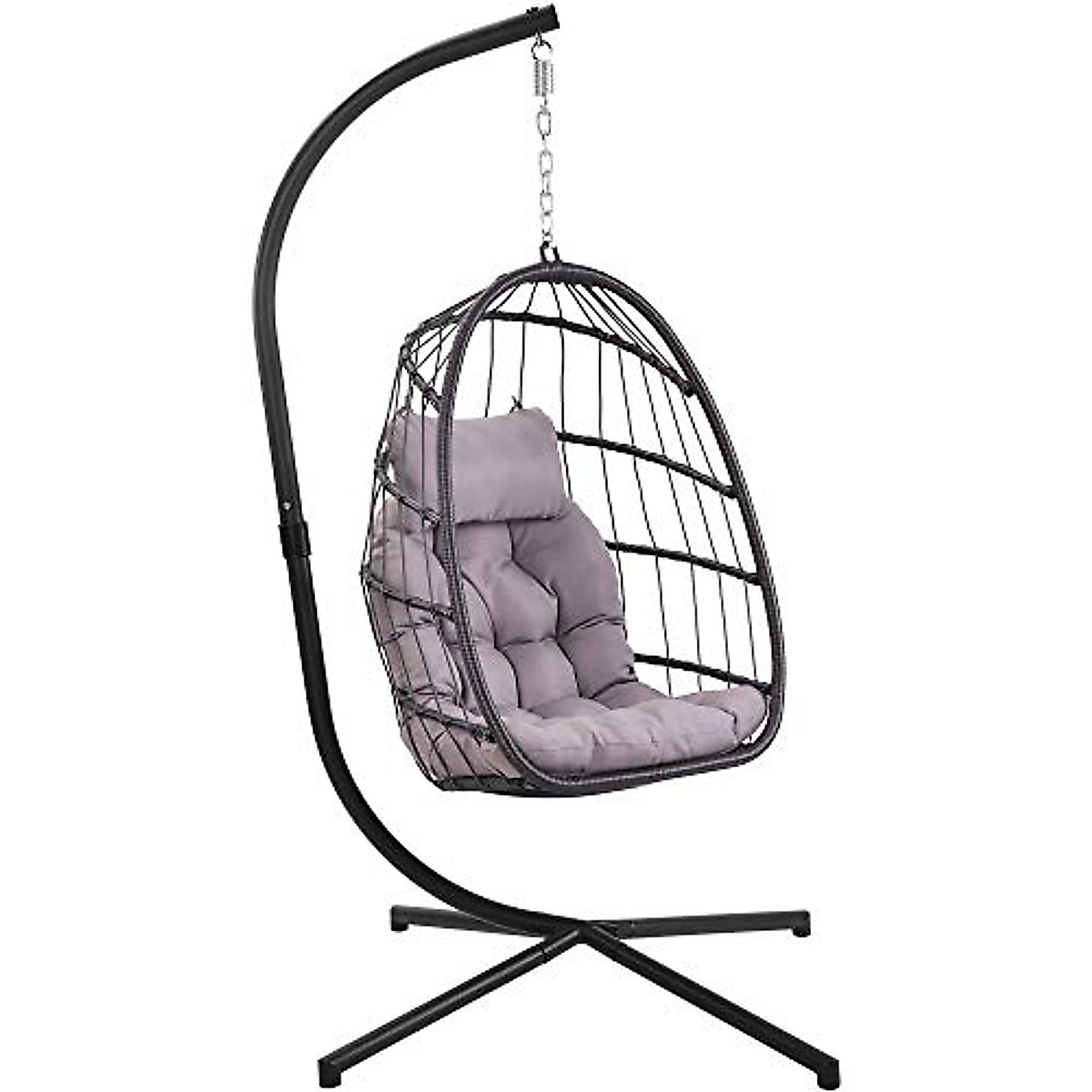 elify Wicker Hanging Swing Chair, Patio Rib Hanging Egg Chair with UV Resistant Grey Cushion and Aluminum Stand Frame in Door Outdoor Patio (Gray)