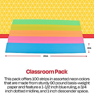 School Smart Sentence Strip, 3 x 24 Inches, Assorted Neon Colors, 90 lb, Pack of 100