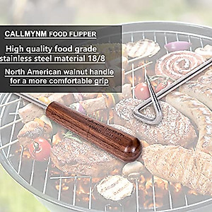 Callmynm 17.5 Inch Pigtail Food Flipper & Turner for Grill, 304 Stainless Steel Pigtail Meat Hook with Wooden Handle for Grilling & Smoking (Black Walnut)