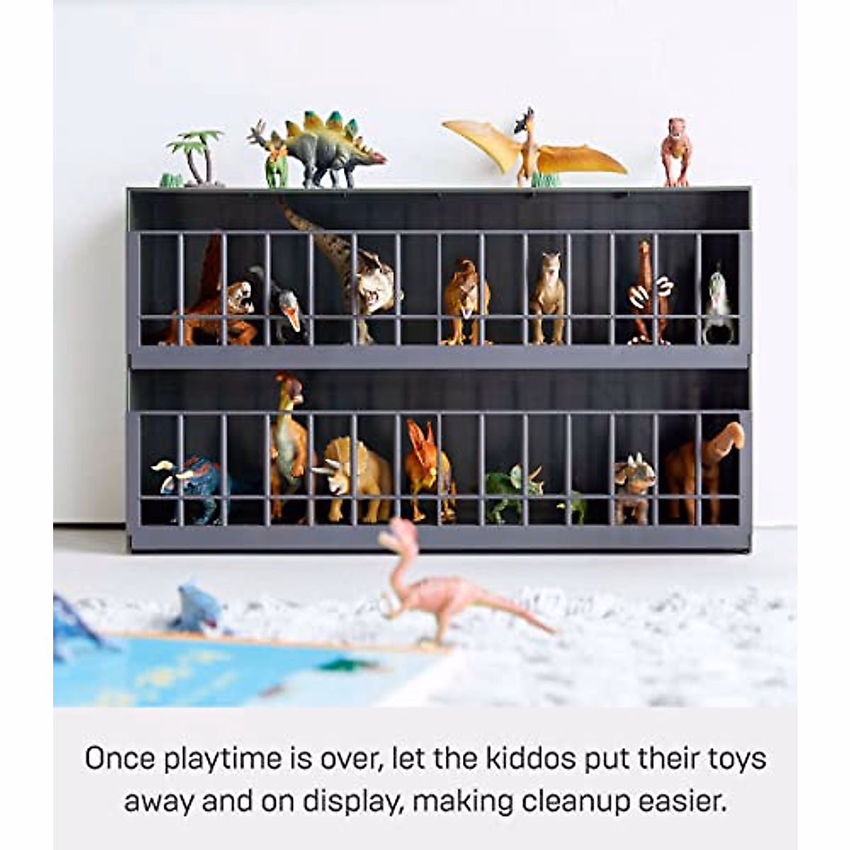 Yamazaki Home Two-Tier Toy Dinosaur and Animal Display Storage Rack, Childrens' Toy Bin Organizer Box, Plastic, Stackable, No Assembly Req.