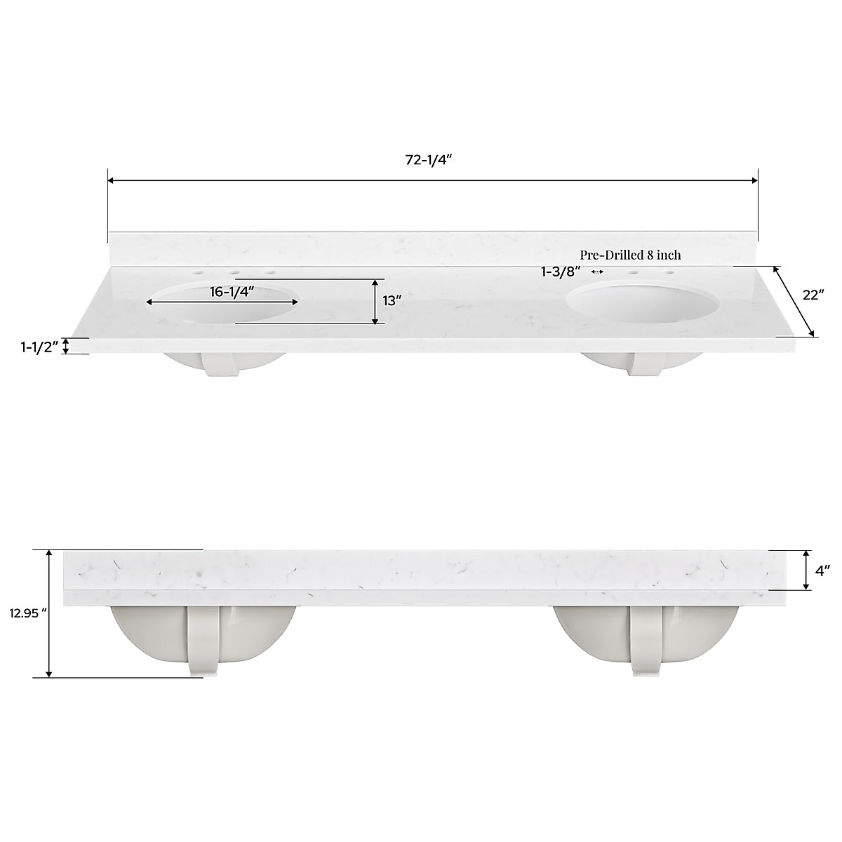 ARIEL 72 inch double bathroom vanity top with sink, 1.5 Inch Thick Miter Edge Carrara White Quartz top, Oval double sink vanity top, Includes Backsplash