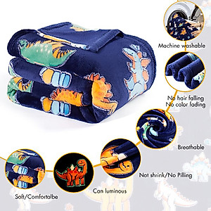 Glow in The Dark Dinosaur Blanket, Dinosaur Gifts Toys for Boys Kids, Best Christmas Birthday Valentine's Day Easter Presents for Kids Age 1-12 Year Old, Child Toddler Teen Soft Cozy Throw 50"x60"