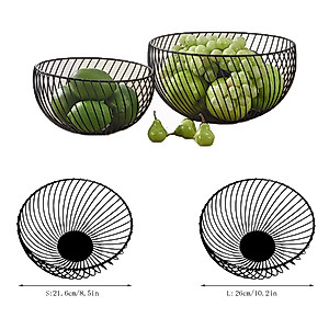 vocheer Metal Wire Fruit Basket, 2 Pcs Round Black Metal Bowl Vegetable Holder Decorative Stand for Bread, Snacks, Households Items Storage