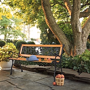 GODECOR 49" Outdoor Garden Bench, Patio Furniture Outdoor Chair with Hardwood Slats and Cast Iron Frame, Weather Proof 2-Person Outdoor Loveseat with Rose Style Back for Park, Porch, Pool, Backyard