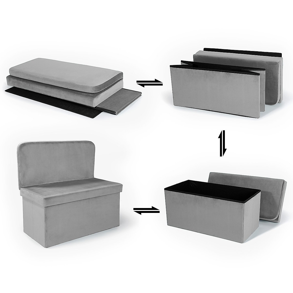 B FSOBEIIALEO Folding Storage Ottoman with Seat Back Footstool Space-Saving Room Organizer Cube Box for Seating & Resting (Grey, Large)