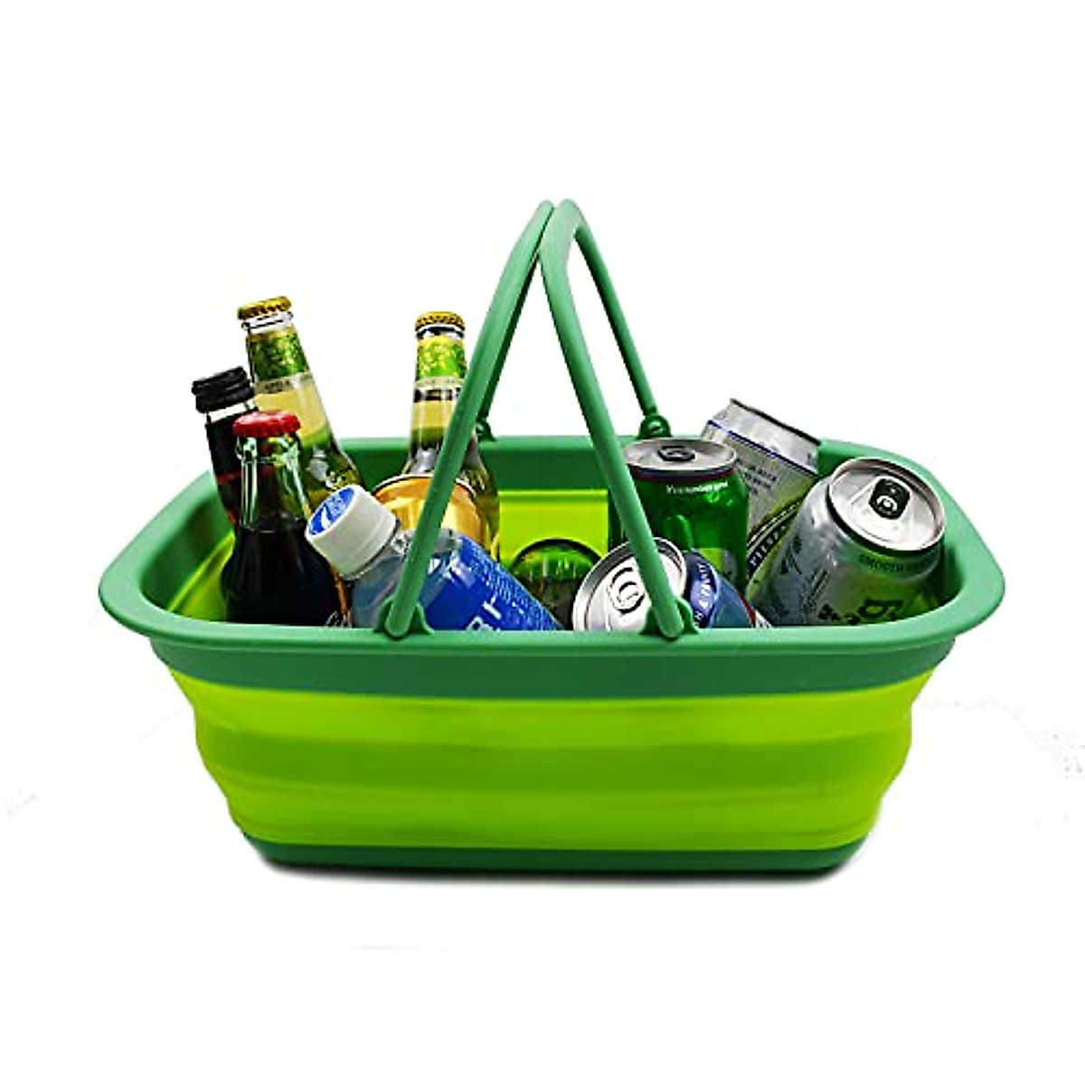 SAMMART 9.2L (2.37Gallon) Collapsible Tub with Handle - Portable Outdoor Picnic Basket/Crater - Foldable Shopping Bag - Space Saving Storage Container (1, Dark Green/Fluorescent Green)
