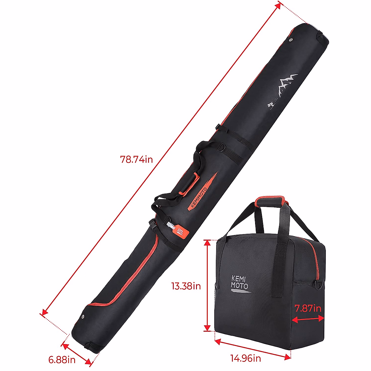 KEMIMOTO Ski Bag and Boot Bag Combo, Snowboard Bag Padded Ski Bags for Air Travel, Snow Ski Bags Fit Skis Up to 200cm, Ski Double Bag Combo