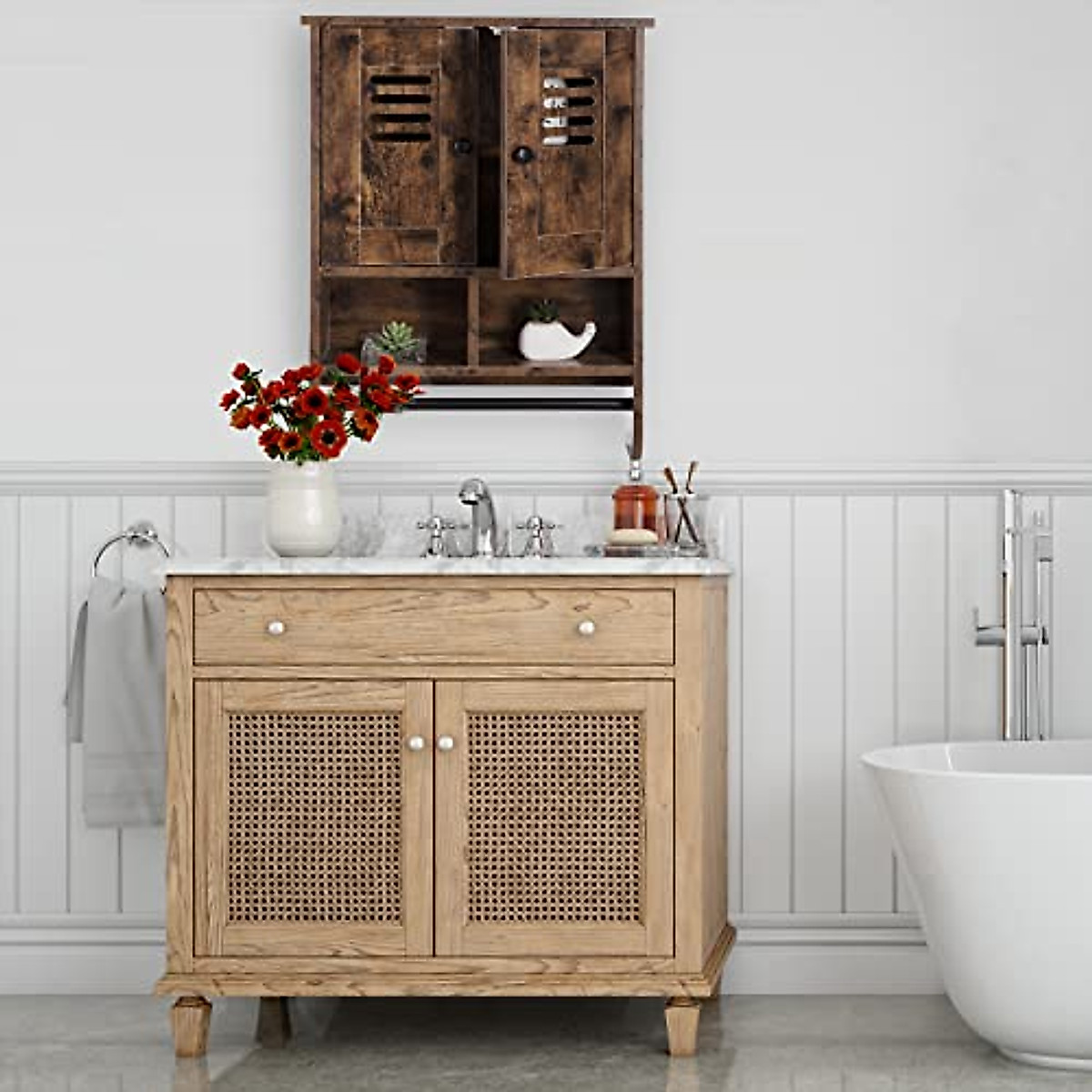 FUMOMEK Bathroom Cabinet Wall Mounted with Door, Bathroom Medicine Cabinet with Towel Bars, Wall Cabinets for Bathroom Storage with Doors and Shelves, Rustic Brown