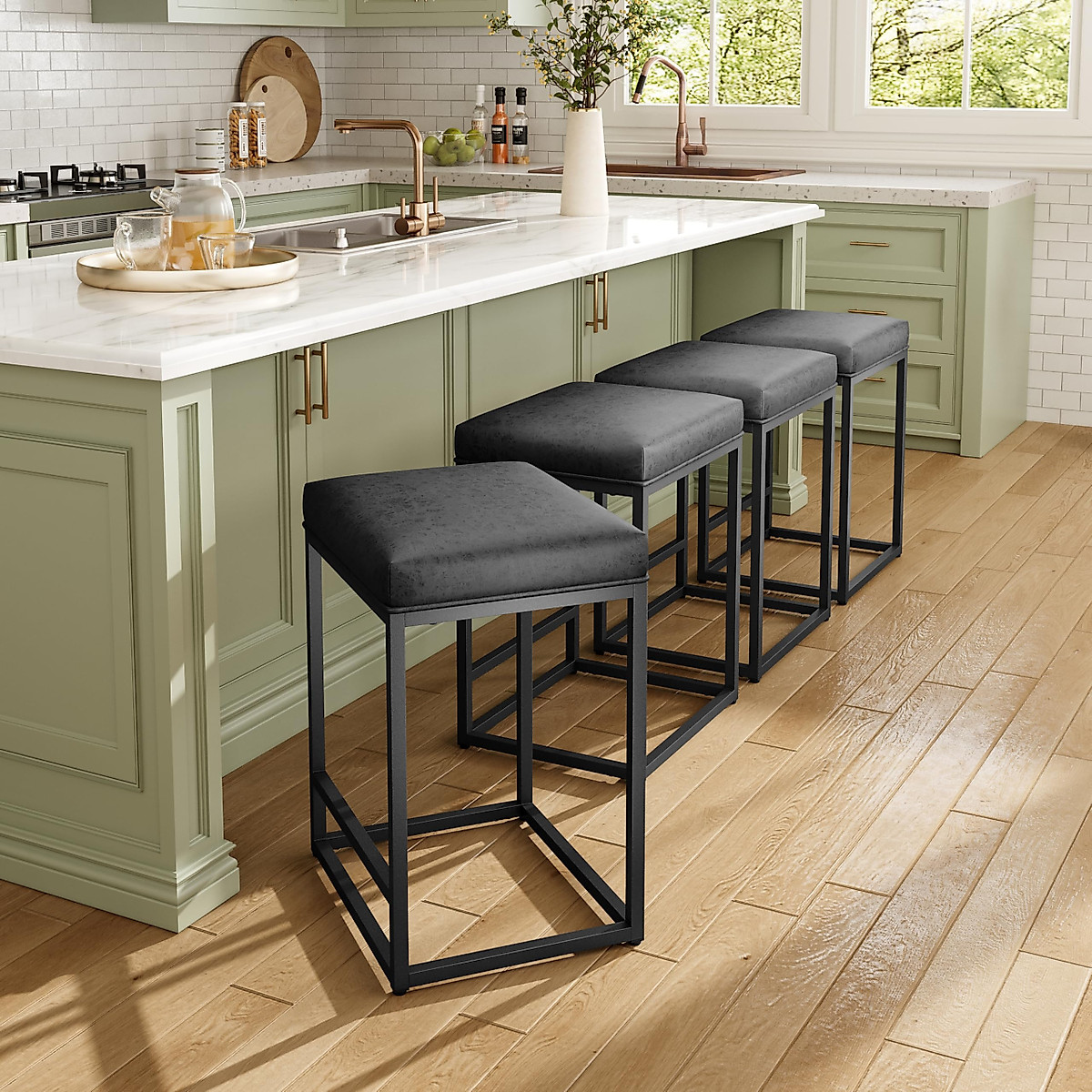 MAISON ARTS Black Counter Height 24" Bar Stools Set of 2 for Kitchen Counter Backless Modern Square Barstools Upholstered Faux Leather Stools Farmhouse Island Chairs,Support 330 LBS,(24 Inch,Black)